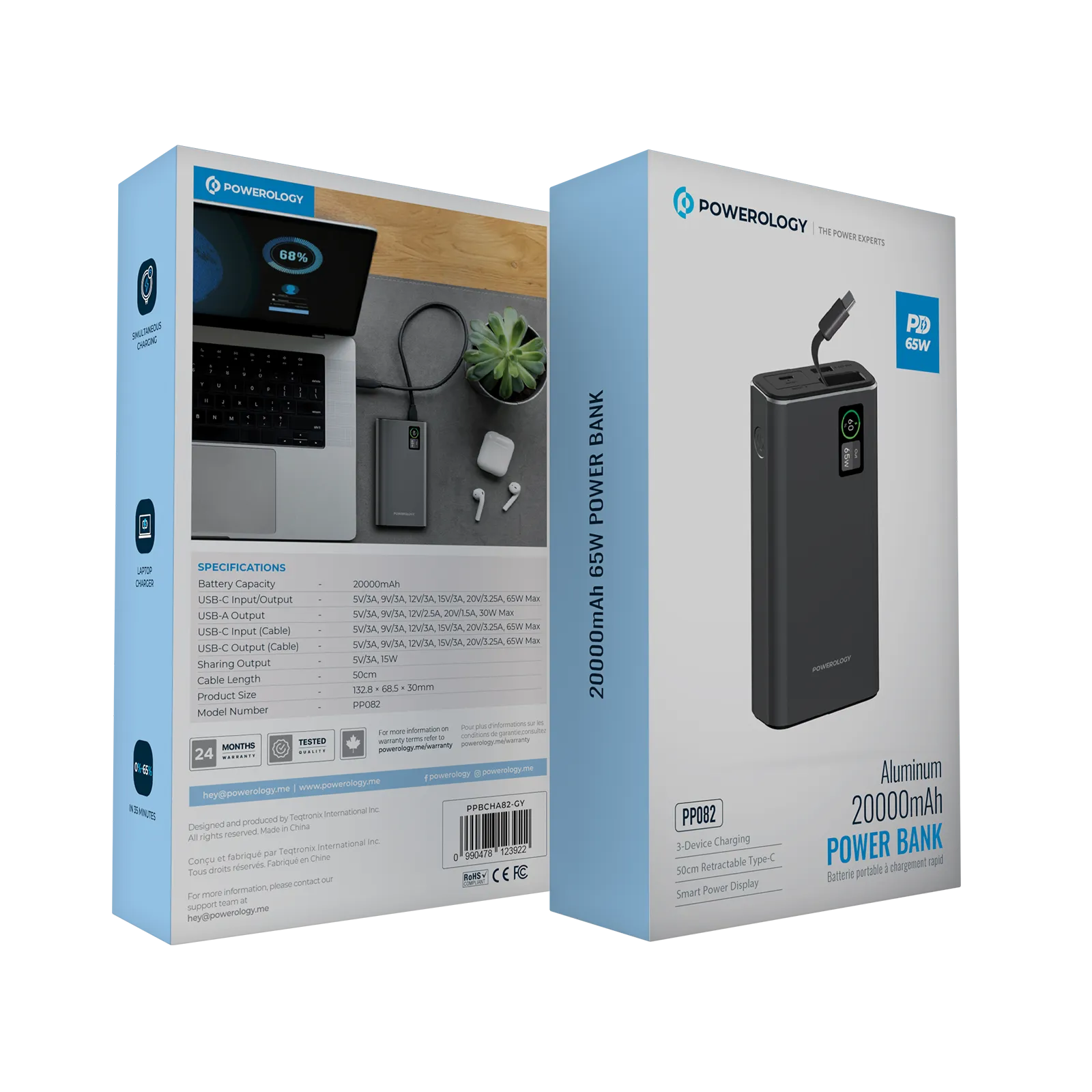 Powerology PD65W A+C Port Power Bank 20000mAh with Built-in Type C ...